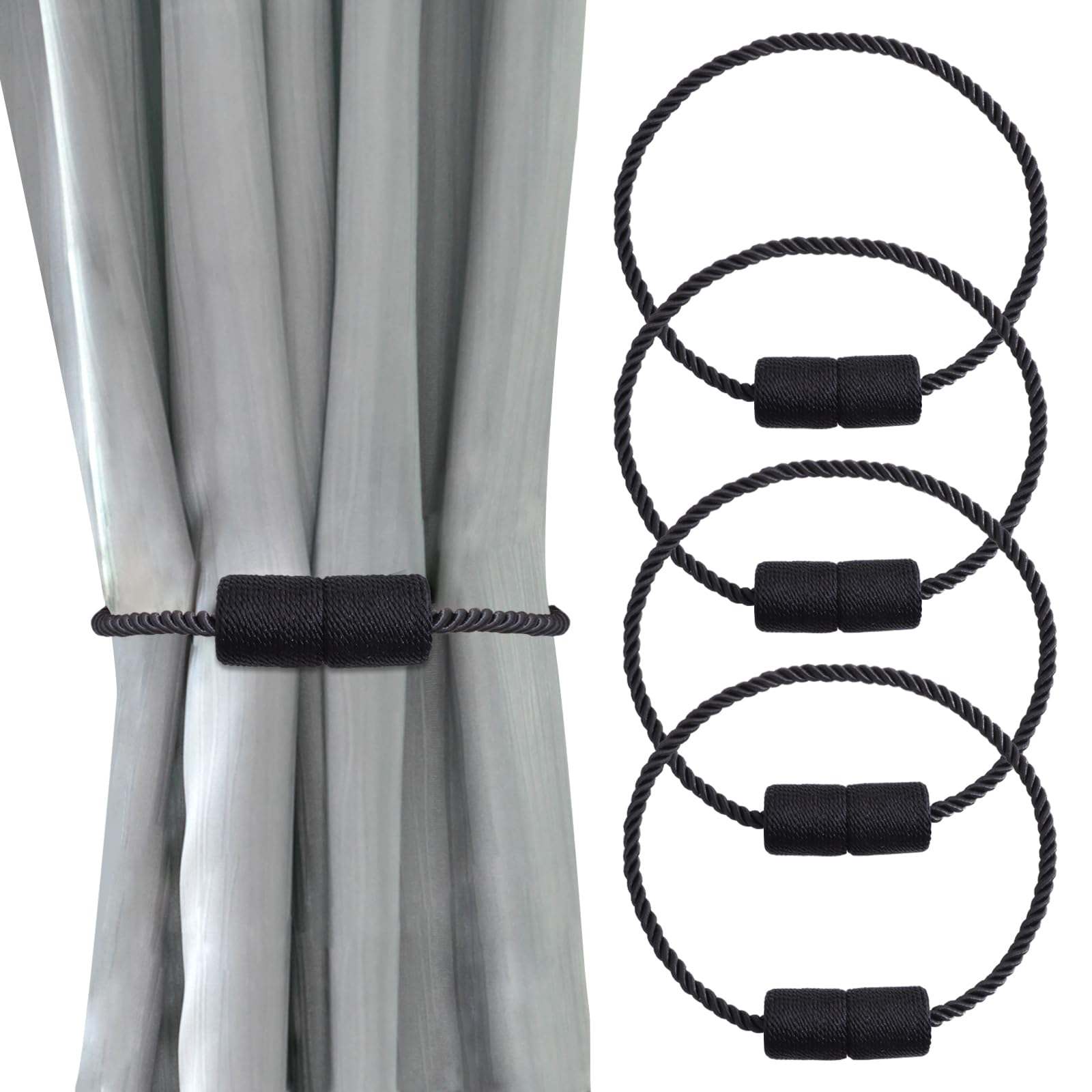 YSTDHL 4 Pack Magnetic Curtain Tiebacks, Minimalist Curtain Holders, Weave Rope Curtain Tie Backs, Modern Elegant Decorative Drapes Accessories (Black)