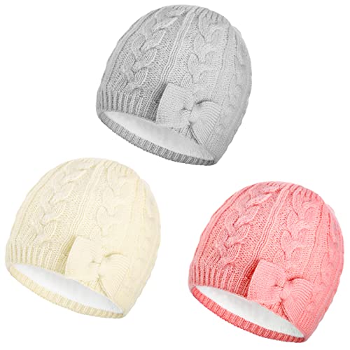 SATINIOR 3 Pieces Fleece Lined Baby Beanie with Bow, Infant Newborn Toddler Kids Winter Warm Knit Cap for Boys Girls (Beige, Pink, Grey,6-24 Months)