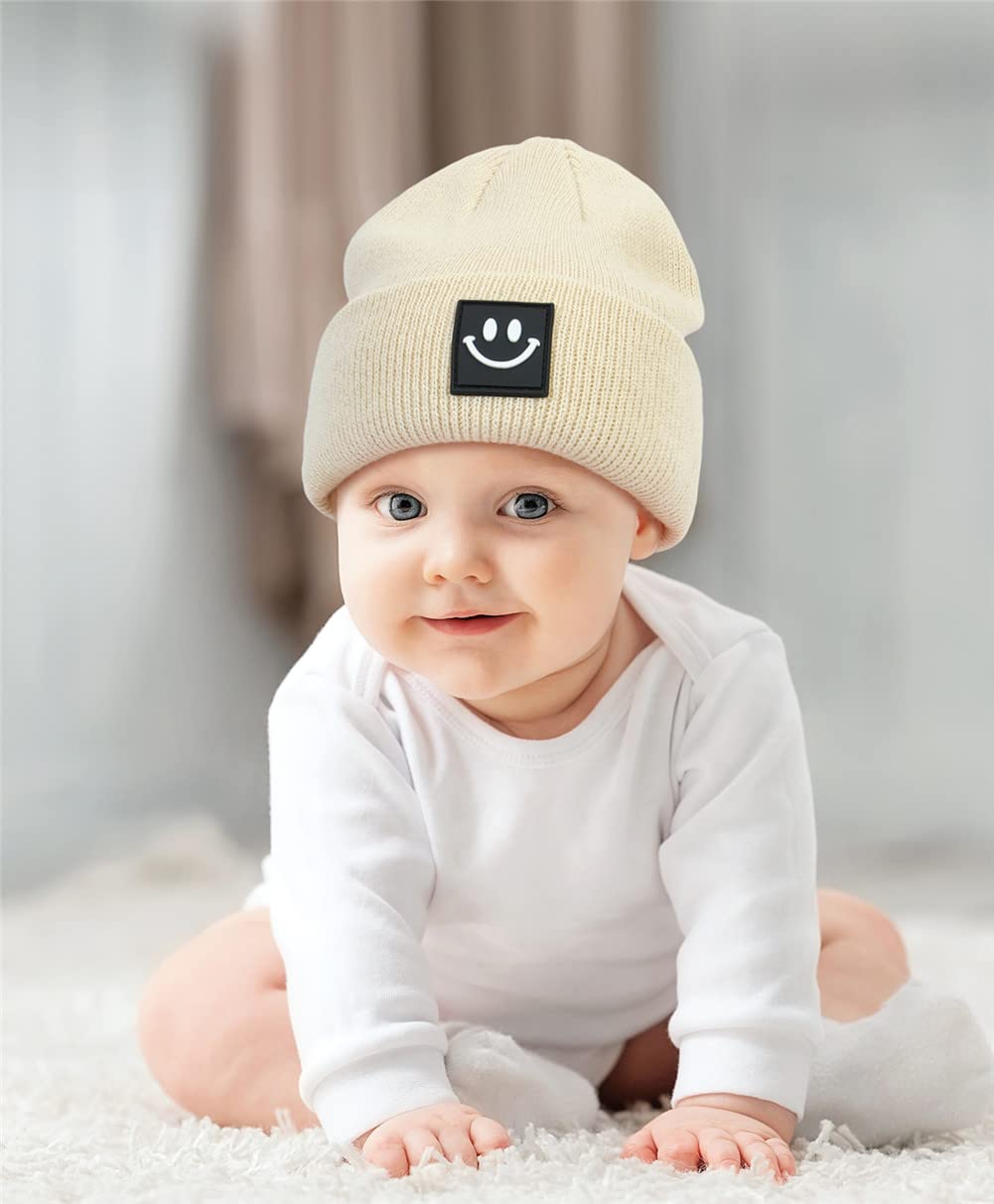 upeilxd Baby Winter Hat Soft Warm Knitted Beanie Hat with Cute Smile Face Beanie Cap for Boys Girls Black/Beige
