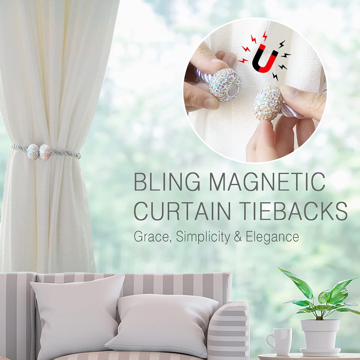 Bling Magnetic Curtain Tiebacks, Decorative Curtain Holdbacks, Crystal Tie Backs for Curtains, Curtain Holders for Window Draperies - 16 inch, Grace, Simplicity & Elegance (Silver, 2)