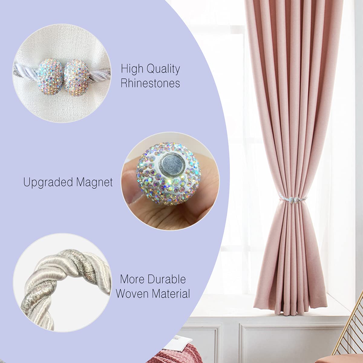 Bling Magnetic Curtain Tiebacks, Decorative Curtain Holdbacks, Crystal Tie Backs for Curtains, Curtain Holders for Window Draperies - 16 inch, Grace, Simplicity & Elegance (Silver, 2)