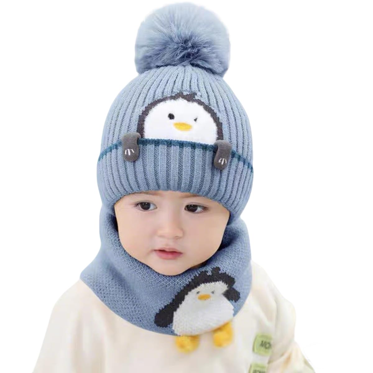 Toddler Winter Beanie Hat Scraf Set, Cute Cartoon Penguin Knitted Hats Soft Warm Infant Hat with Pompom for Baby Boys and Girls 1-3 Years (Blue)