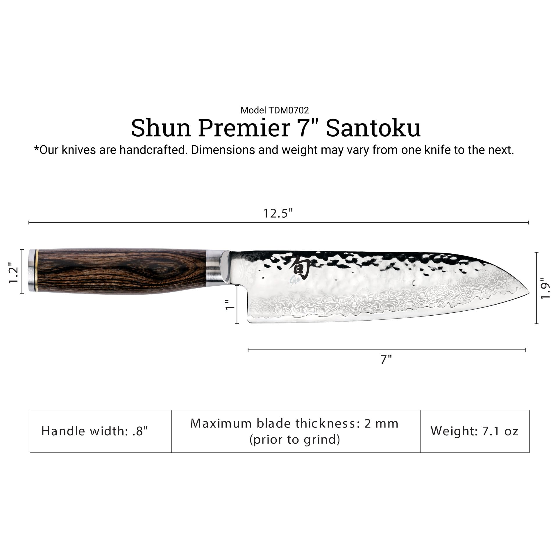 Shun Premier 7" Santoku Knife Hand-Sharpened, Handcrafted in Japan, Light, Agile and Easy to Maneuver, 7-Inch, Silver
