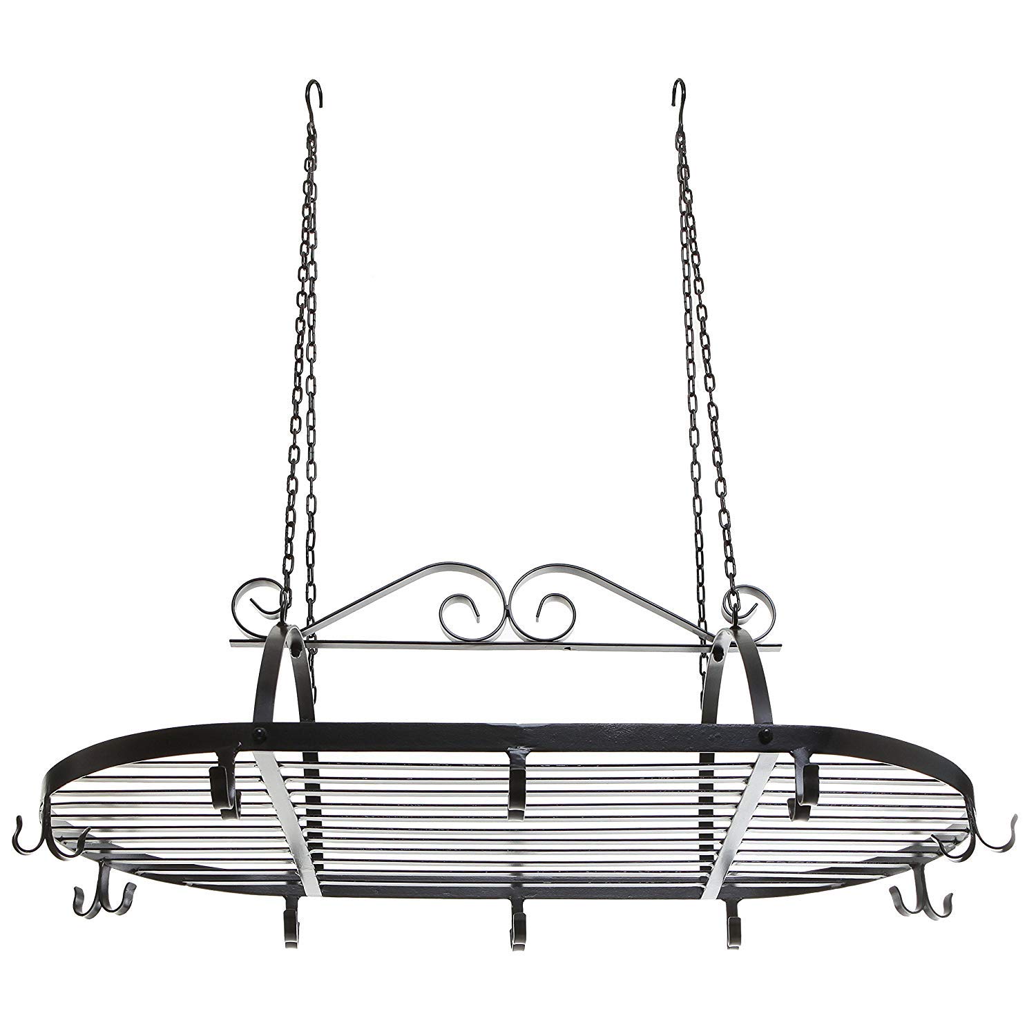 MyGift Black Scrollwork Metal Pot and Pan Ceiling Hanging Rack Heavy Duty Cooking Pans and Utensil Hanger with 10 Dual Hooks