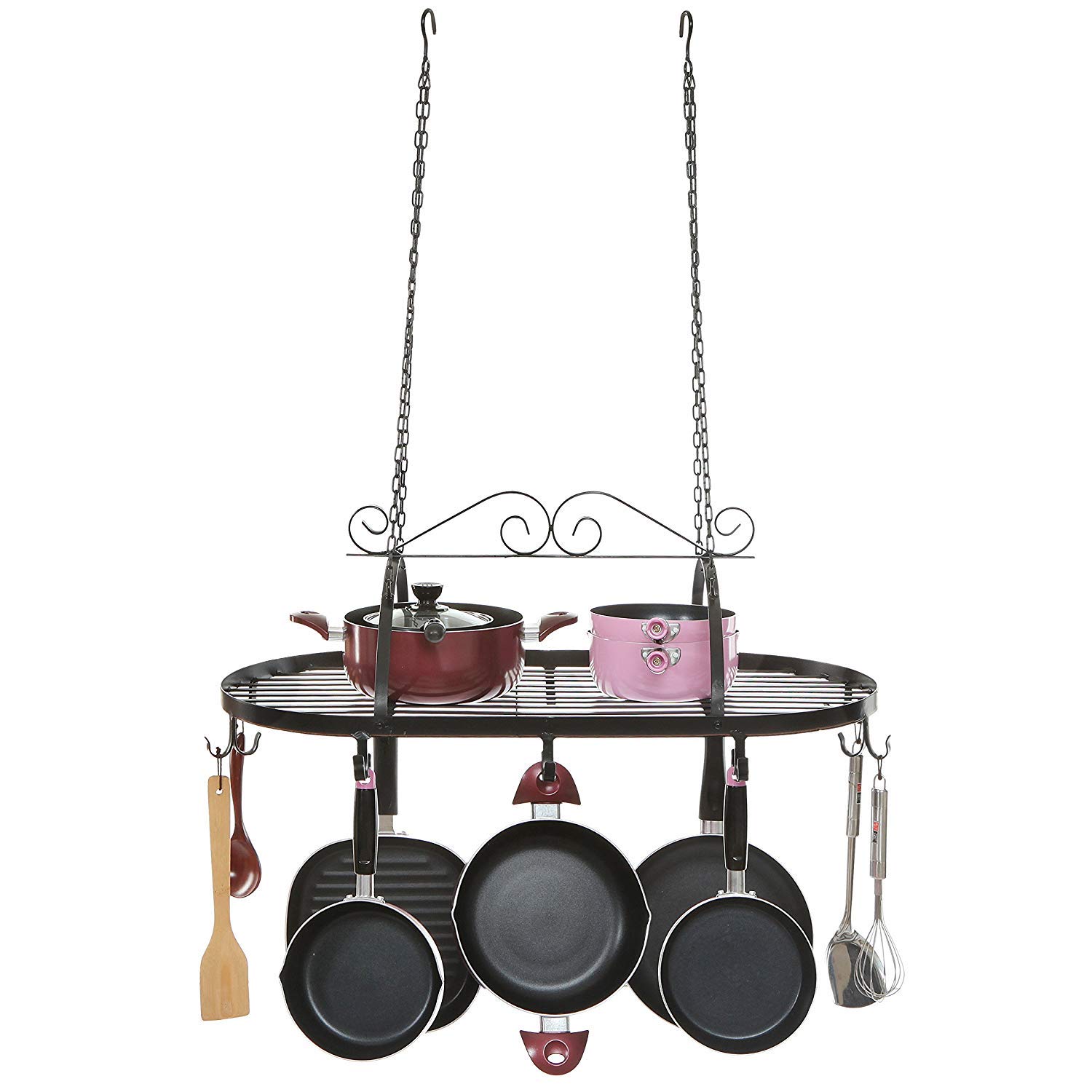 MyGift Black Scrollwork Metal Pot and Pan Ceiling Hanging Rack Heavy Duty Cooking Pans and Utensil Hanger with 10 Dual Hooks