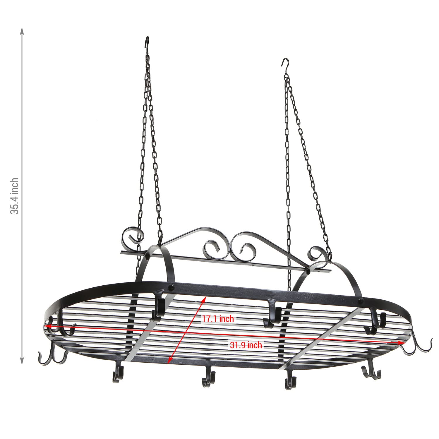 MyGift Black Scrollwork Metal Pot and Pan Ceiling Hanging Rack Heavy Duty Cooking Pans and Utensil Hanger with 10 Dual Hooks