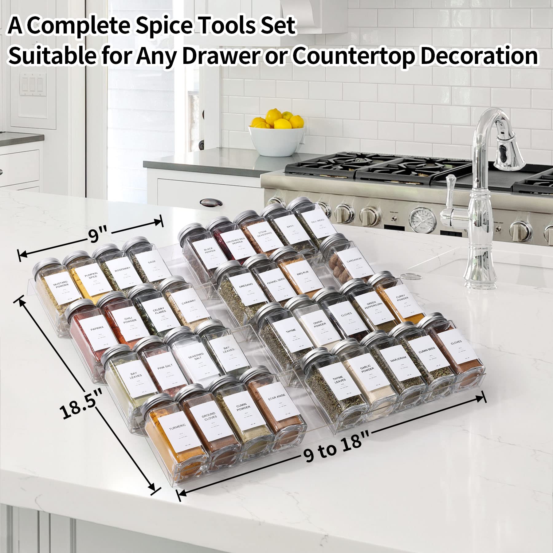 Brippo Spice Drawer Organizer with 35 Spice Jars, 328 Labels, Sift and Pour Shake Lids with Airtight Aluminium Caps, 4 Tier (2 Set) Clear Acrylic Drawer/Countertop Tray Rack with Seasoning Containers