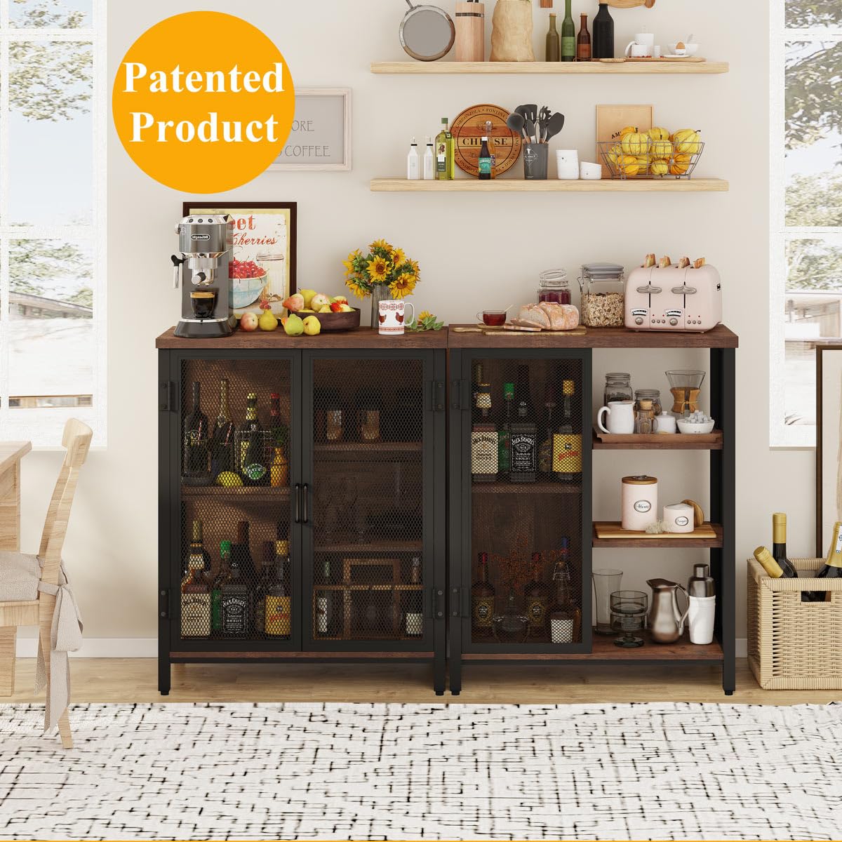 BON AUGURE Coffee Bar Cabinet for Liquor, Small Storage Cabinet for Home Kitchen, Farmhouse Buffet Sideboard Table Station, Whiskey Alcohol Cabinets for Dining Living Room (2 Doors, Rustic Oak)
