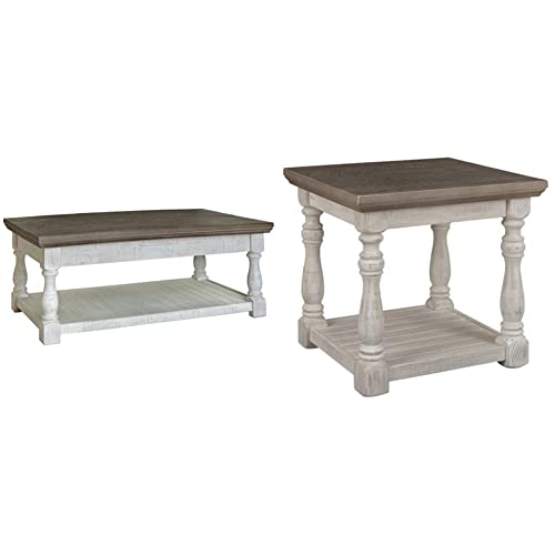 Signature Design by Ashley Havalance Farmhouse Lift Top Coffee Table, Gray & White with Weathered Finish & Havalance Farmhouse Square End Table