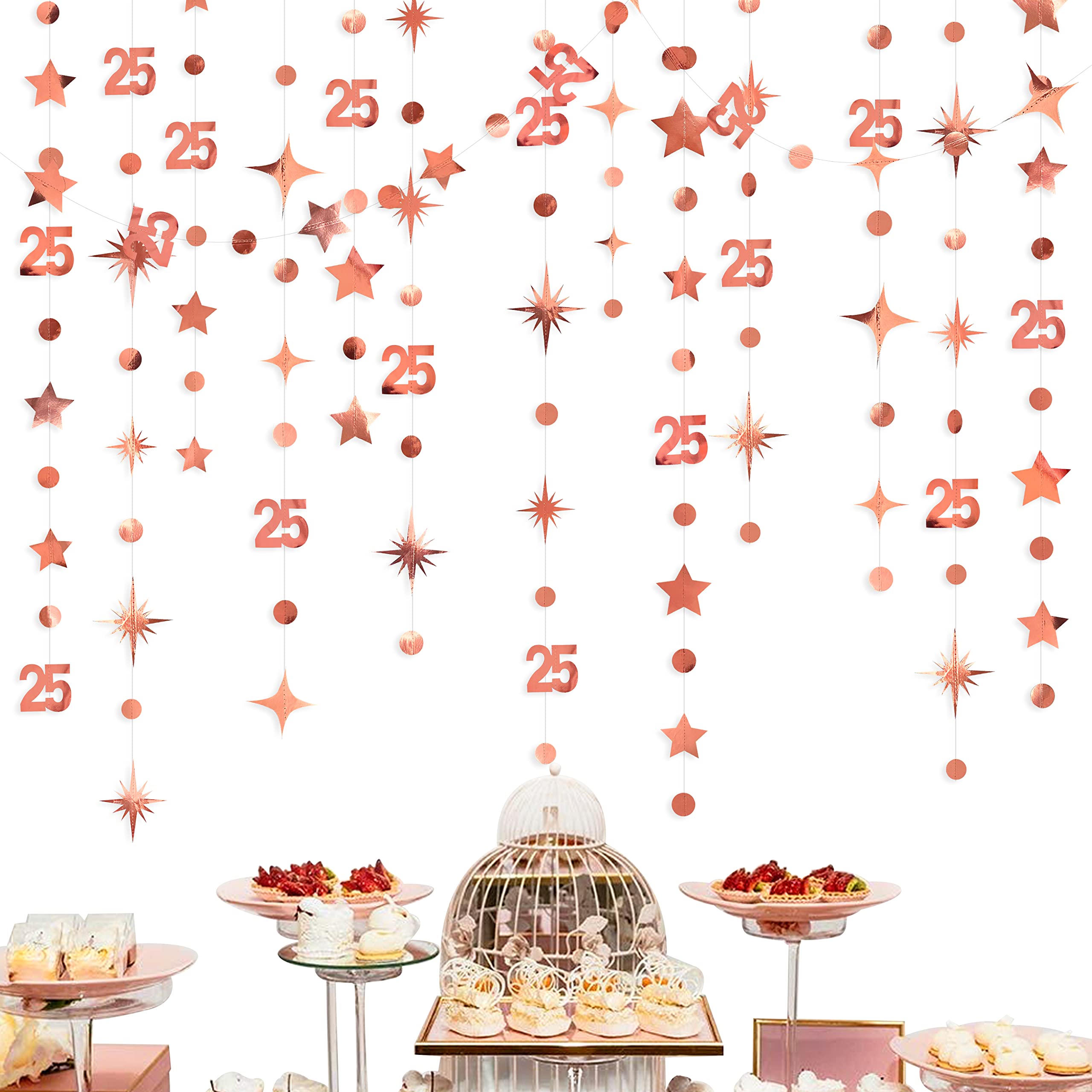 Rose Gold 25th Birthday Decorations Number 25 Circle Dot Twinkle Star Garland Metallic Hanging Streamer Bunting Banner Backdrop for Girls Twenty Five Year Old Birthday 25th Anniversary Party Supplies