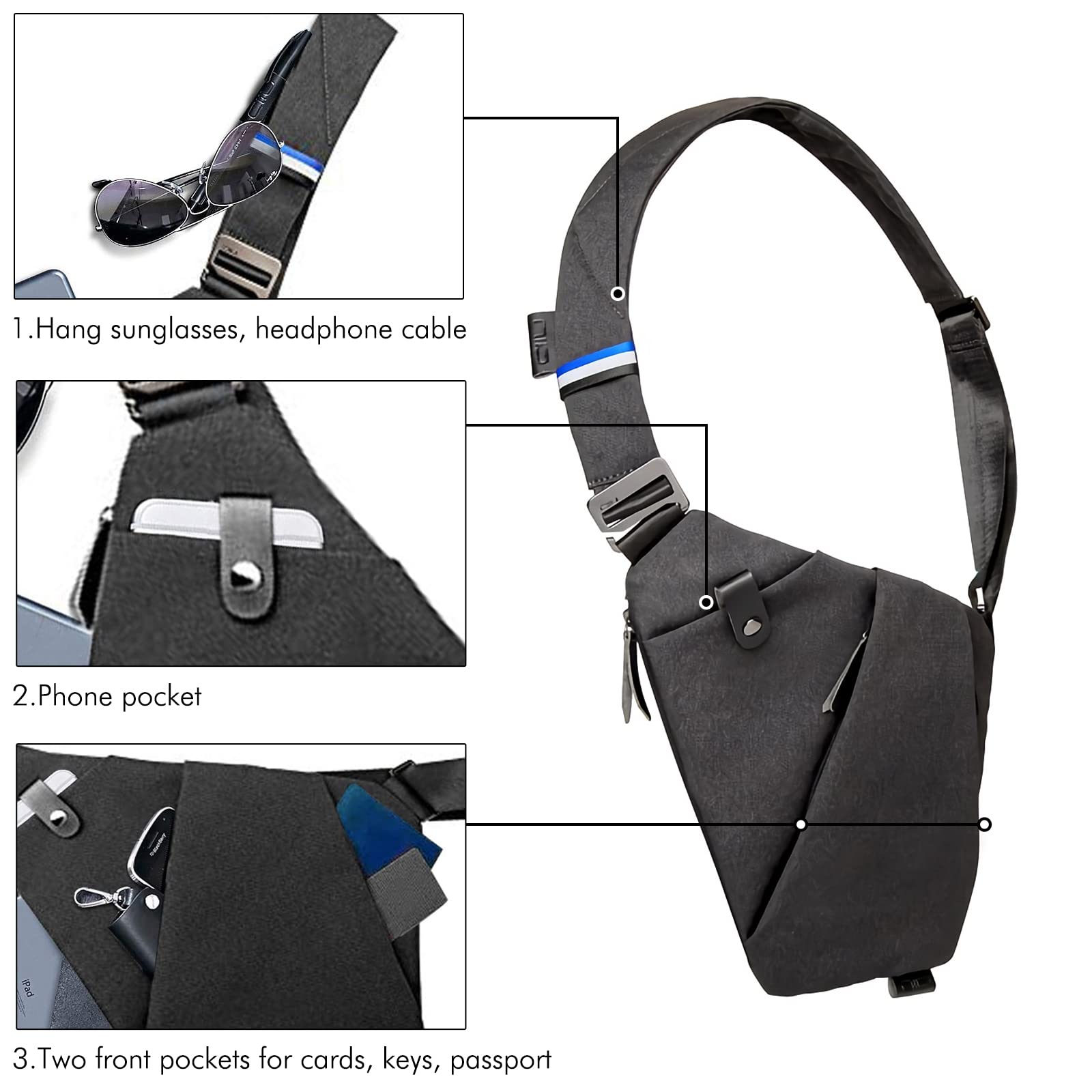 NIID-FINO NEO Sling Shoulder Crossbody Bag Chest Bag Slim Backpack Multipurpose Daypack (Meteorite black, Right Hand)