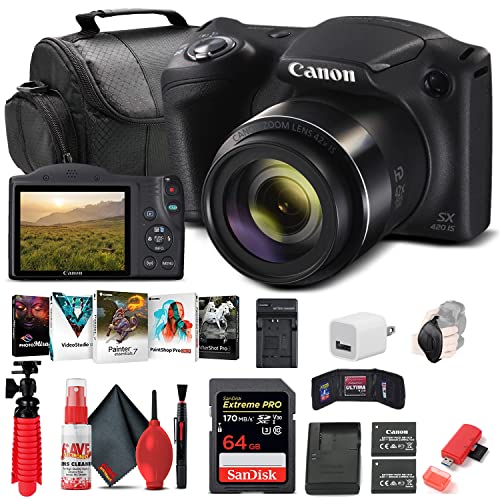 Canon PowerShot SX420 is Digital Camera (Black) (1068C001), 64GB Card, NB11L Battery, Corel Photo Software, Charger, Card Reader, Soft Bag, Tripod, Hand Strap + More (Renewed)