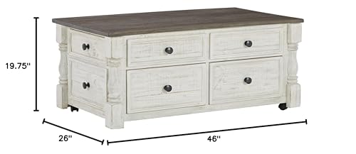 Signature Design by Ashley Havalance Farmhouse Lift Top Coffee Table with 4 Storage Drawers and Small Storage Tray, Whitewash