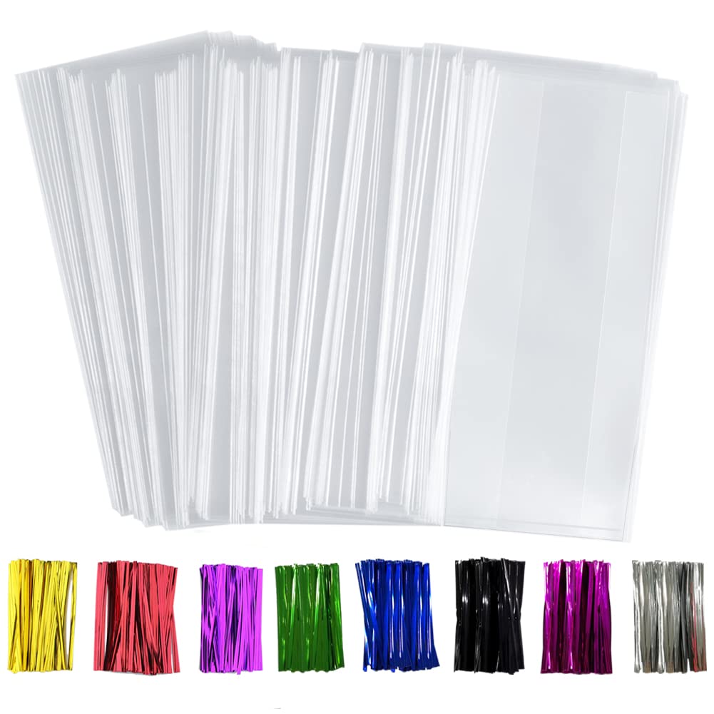Belinlen 300 Pack 4” x 9” Treat Bags Plastic Poly Bags - Side Gusset- Cookie Bags Multi-purpose Plastic Gift Bag Coming With 300 Colorful Twist Ties