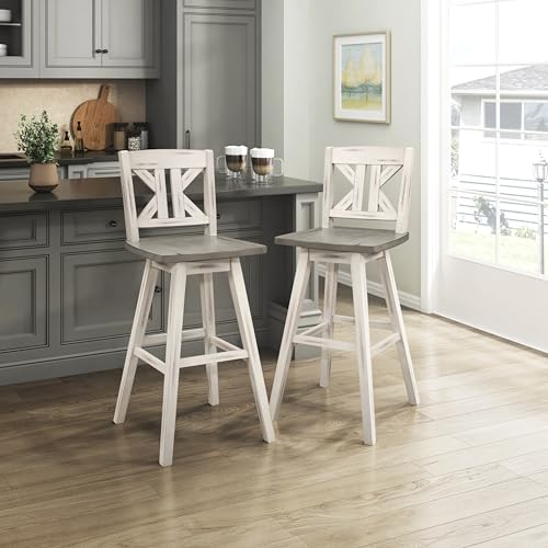 Swivel Pub Bar Height Stools Set of 2, Modern Solid Wood Kitchen Bar Height Stools with Backs, High Back, Swivel Seat, Footrest for Kitchen Island, Easy Assembly, Divided X-Back, 29"SH, White