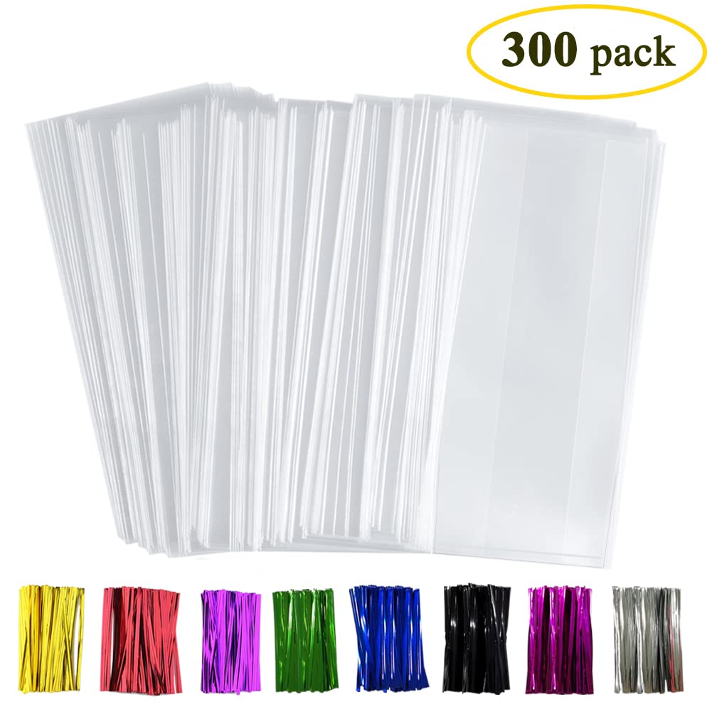 Belinlen 300 Pack 4β x 9β Treat Bags Plastic Poly Bags - Side Gusset- Cookie Bags Multi-purpose Plastic Gift Bag Coming With 300 Colorful Twist Ties