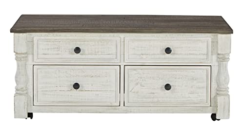 Signature Design by Ashley Havalance Farmhouse Lift Top Coffee Table with 4 Storage Drawers and Small Storage Tray, Whitewash