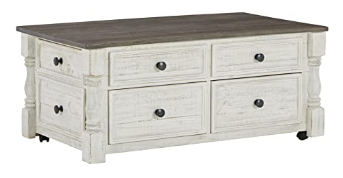 Signature Design by Ashley Havalance Farmhouse Lift Top Coffee Table with 4 Storage Drawers and Small Storage Tray, Whitewash