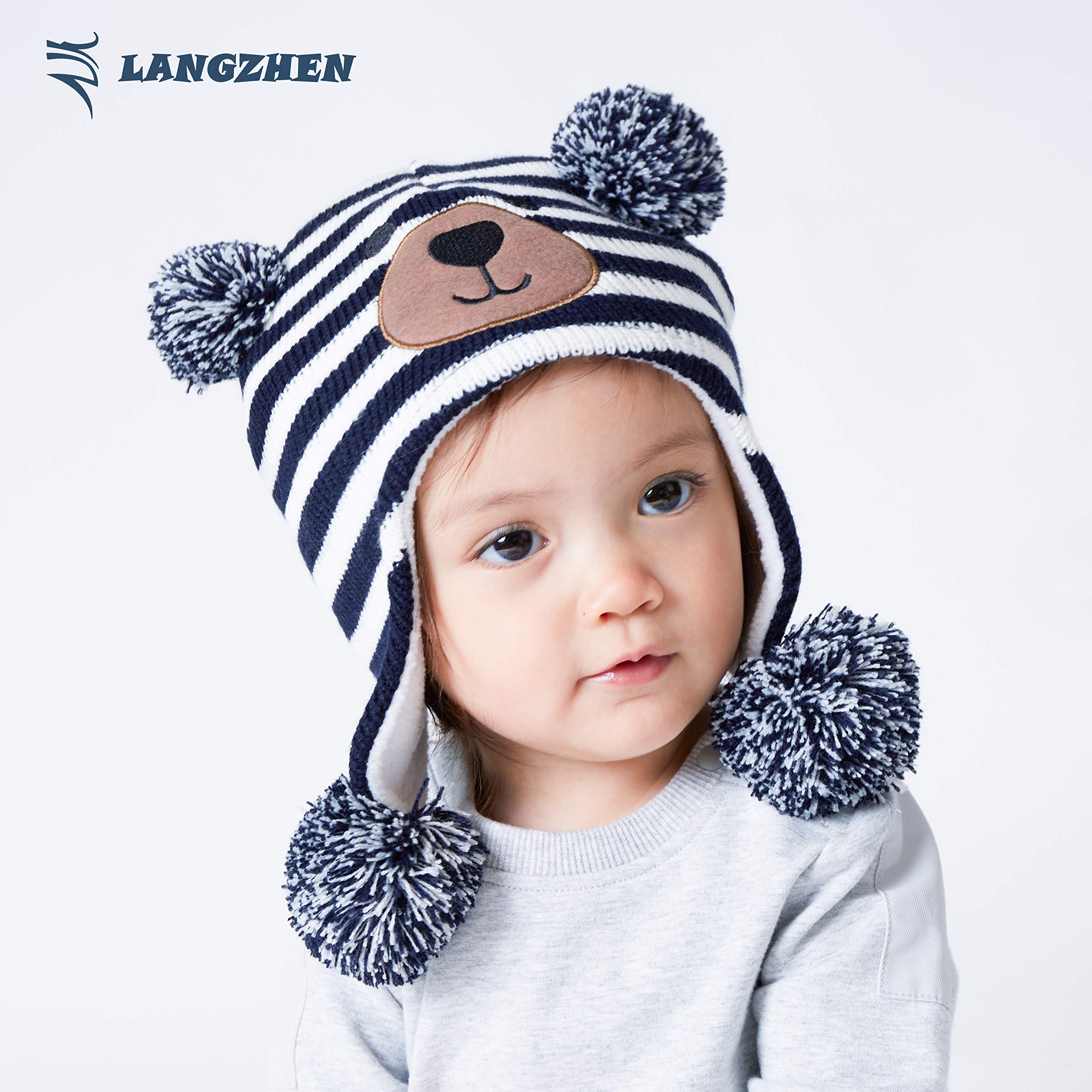 LANGZHEN Toddler Kids Infant Winter Hat,Earflap Knit Warm Cap Fleece Lined Beanie for Baby Boys (Bear -Navy Stripe, L(50-52CM/19.69"-20.47"))