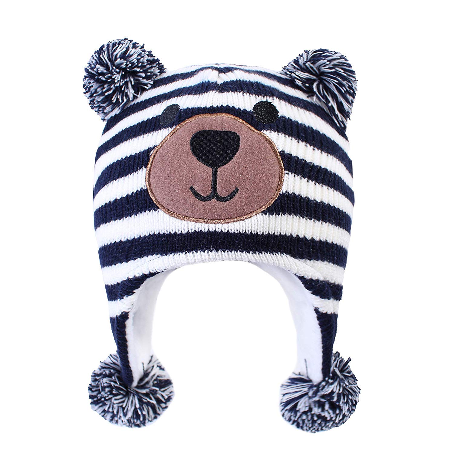 LANGZHEN Toddler Kids Infant Winter Hat,Earflap Knit Warm Cap Fleece Lined Beanie for Baby Boys (Bear -Navy Stripe, L(50-52CM/19.69"-20.47"))