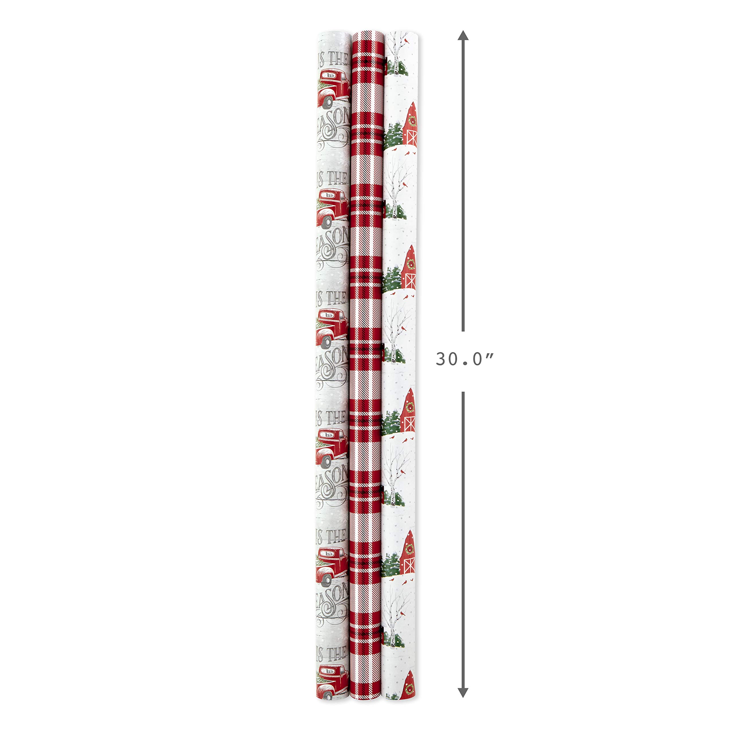 Hallmark Holiday Reversible Wrapping Paper Bundle, Rustic Christmas (Pack of 3, 120 sq. ft. ttl) Plaid, Barn, Red Truck, Moose, Woodland Scenes