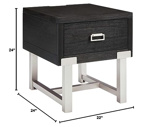 Signature Design by Ashley Chisago Contemporary Rectangular End Table with Outlets and USB Ports, Black & Silver