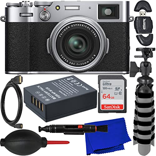 FUJIFILM X100V Digital Camera (Silver) + SanDisk 64GB Ultra SDXC Memory Card, Mini âGripsterâ Tripod, Spare Battery, 6 Ft. Micro to Standard HDMI Cable, Manufacturerâs Accessories & More (17pc Bundle)