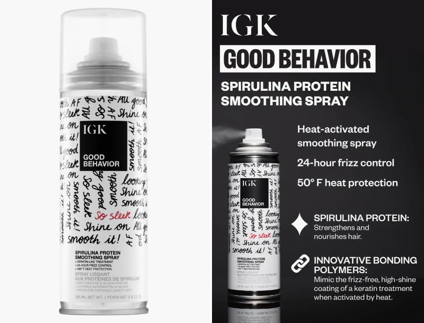 IGK GOOD BEHAVIOR | Ultra Smooth Shampoo (8 Oz) + Spirulina Protein Spray (5.6 Oz) | Frizz Control + Hydrates + Shine | Vegan + Cruelty-Free |
