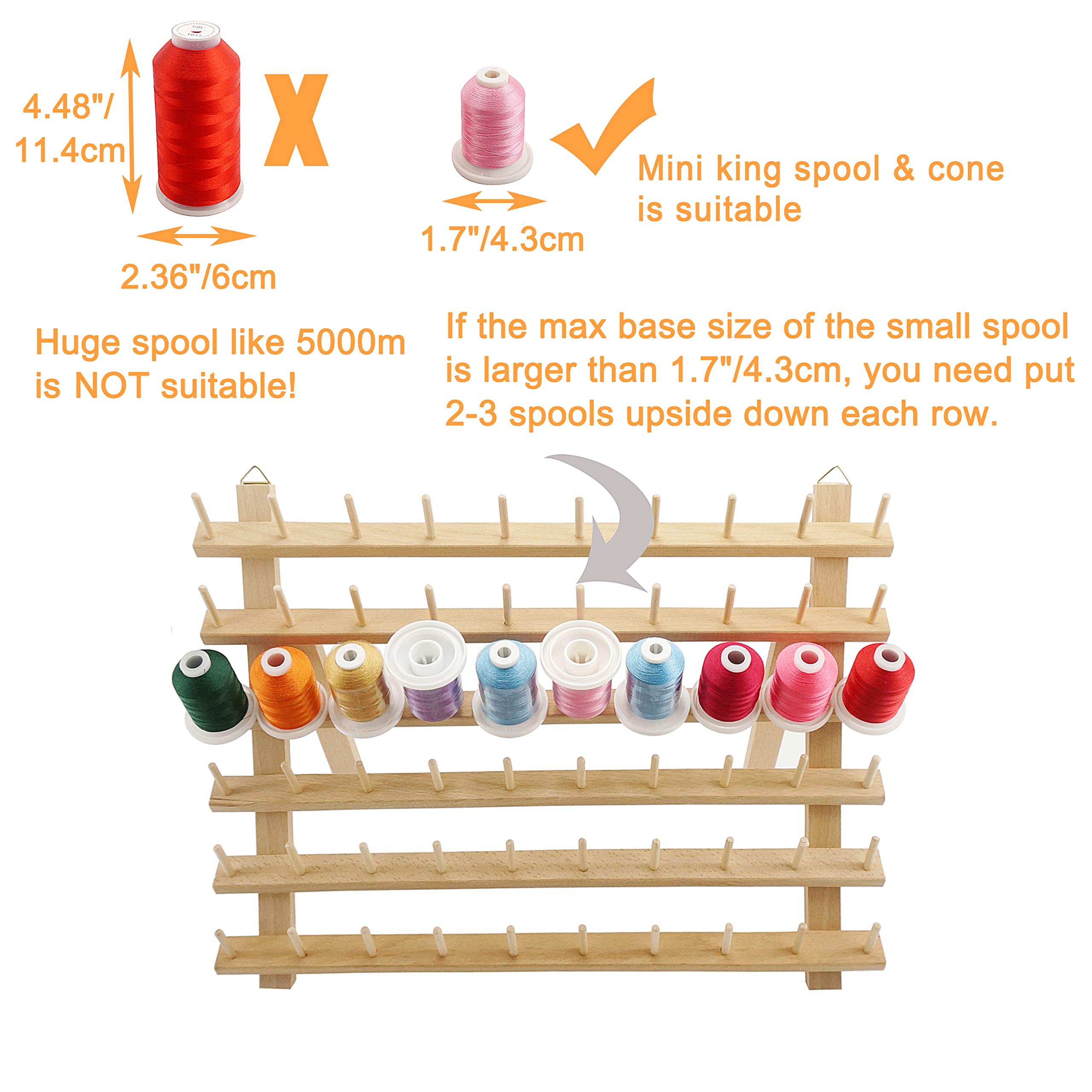 New brothread 60 Spools + 12 Spools Wooden Thread Rack/Thread Holder Organizer with Hanging Hooks for Embroidery Quilting and Sewing Threads - Mother + Baby Thread Rack
