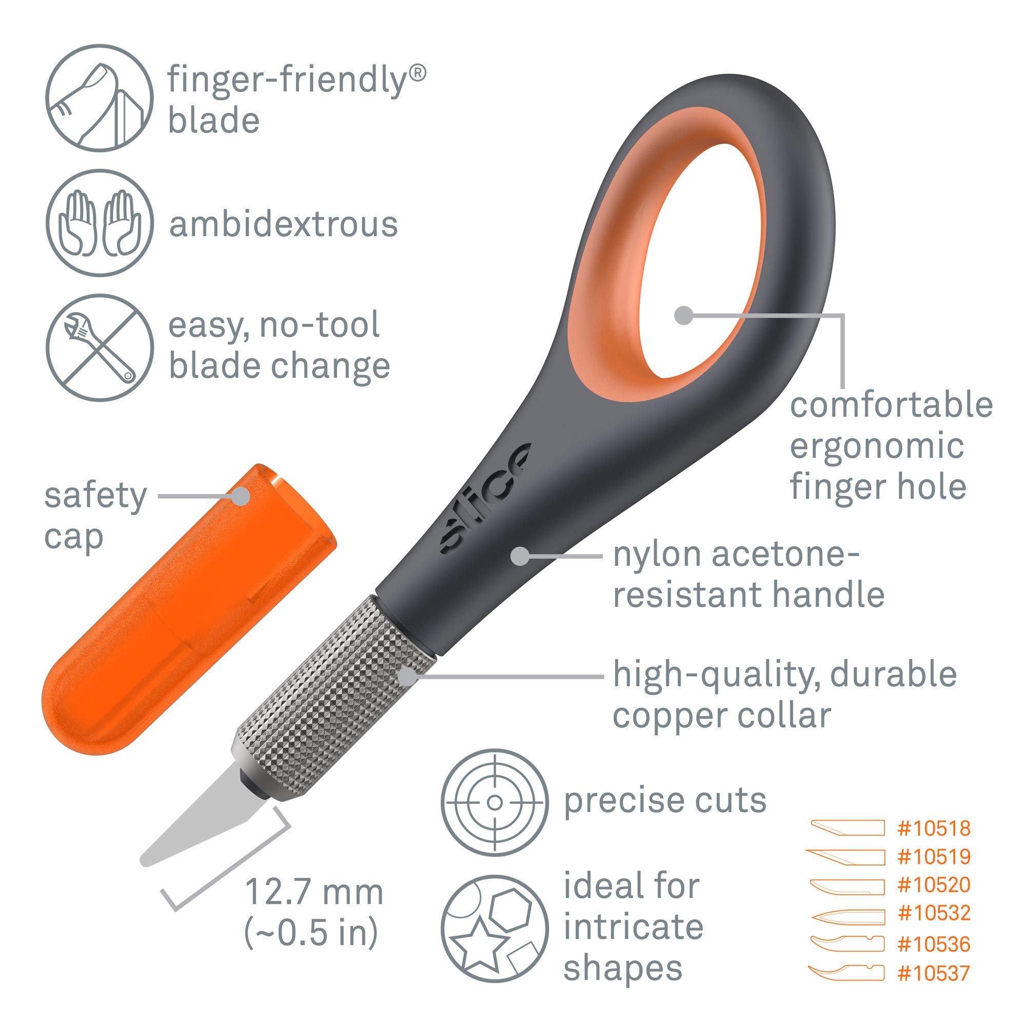 Slice 10580 Precision Knife, Unique Handle with Finger Grip, Precise Control, Detailed Cuts, Finger Friendly, Lasts 11x Long as Stainless Steel , Black