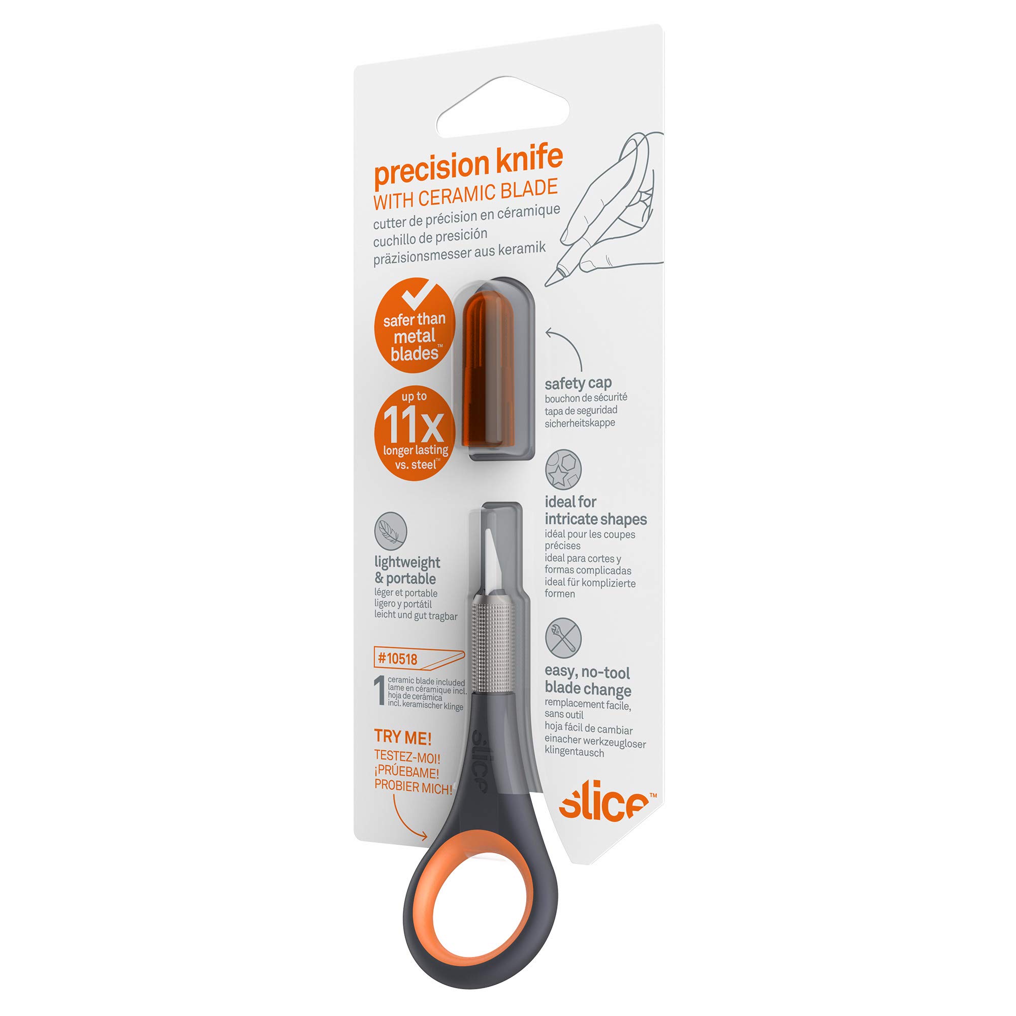 Slice 10580 Precision Knife, Unique Handle with Finger Grip, Precise Control, Detailed Cuts, Finger Friendly, Lasts 11x Long as Stainless Steel , Black