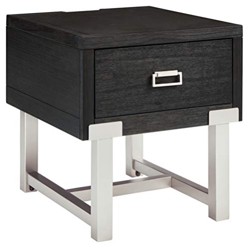 Signature Design by Ashley Chisago Contemporary Rectangular End Table with Outlets and USB Ports, Black & Silver