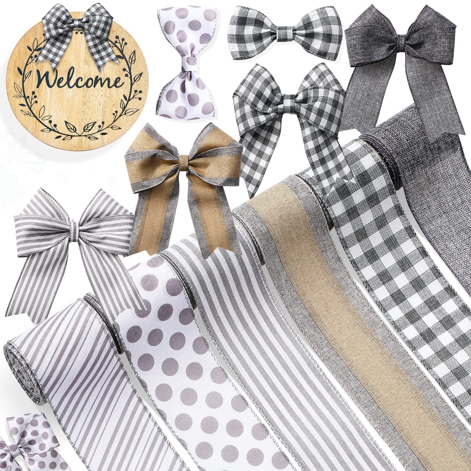 6 Rolls 30 Yards Christmas Wired Edge Ribbons 2.5 inch Buffalo Plaid Ribbon Candy Cane Striped Craft Ribbon Polka Dot Wrapping Ribbon for Christmas Tree Birthday Party Decorations (Gray)