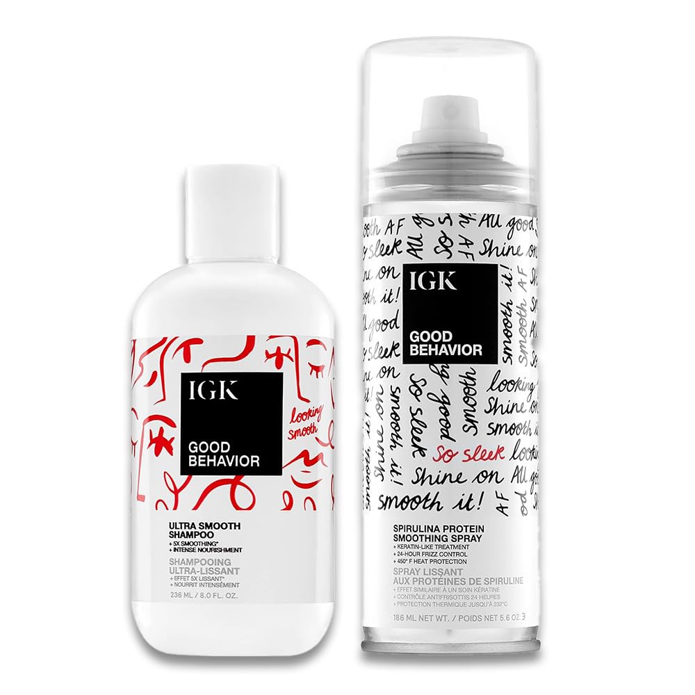 IGK GOOD BEHAVIOR | Ultra Smooth Shampoo (8 Oz) + Spirulina Protein Spray (5.6 Oz) | Frizz Control + Hydrates + Shine | Vegan + Cruelty-Free |