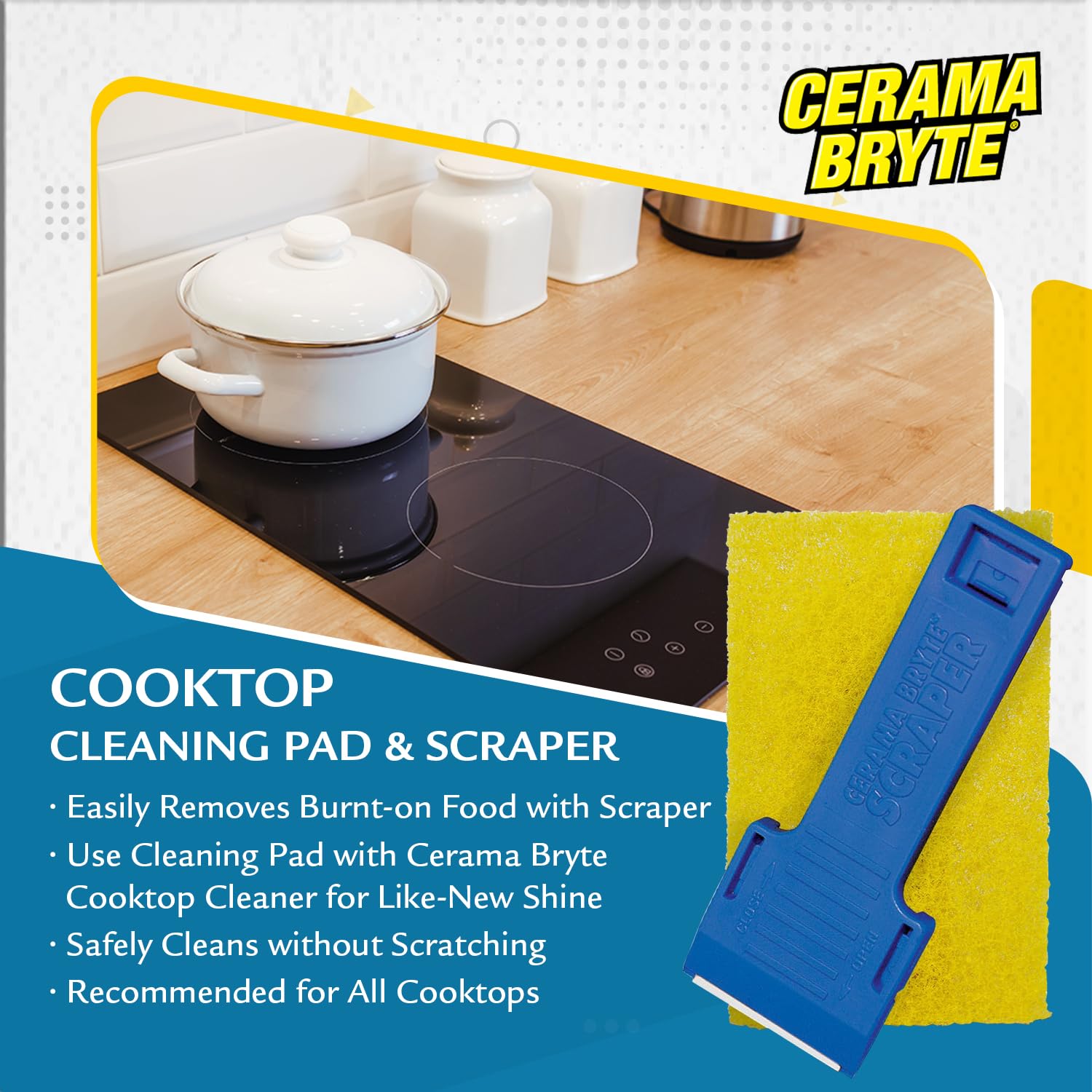 Cerama Bryte Scraper & Pad Combo Cooktop Tool, Blue