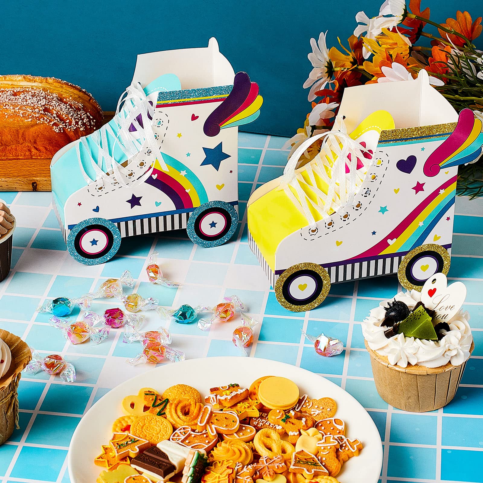 Roller Skating Birthday Party Favor Boxes Sneaker Paper Gift Boxes Skate Small Candy Boxes Treat Boxes Roller Skate Gift Wrap Box for Retro Theme Birthday Party Decoration Supplies, 2 Styles (12 Pcs)