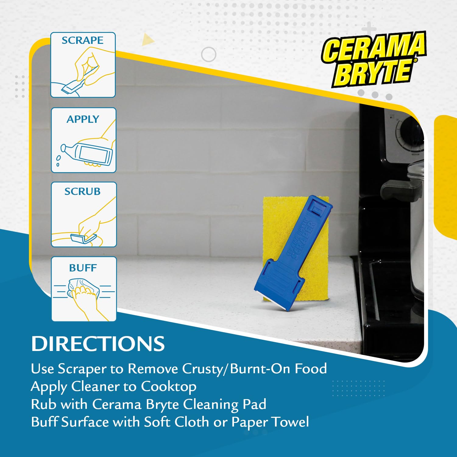 Cerama Bryte Scraper & Pad Combo Cooktop Tool, Blue