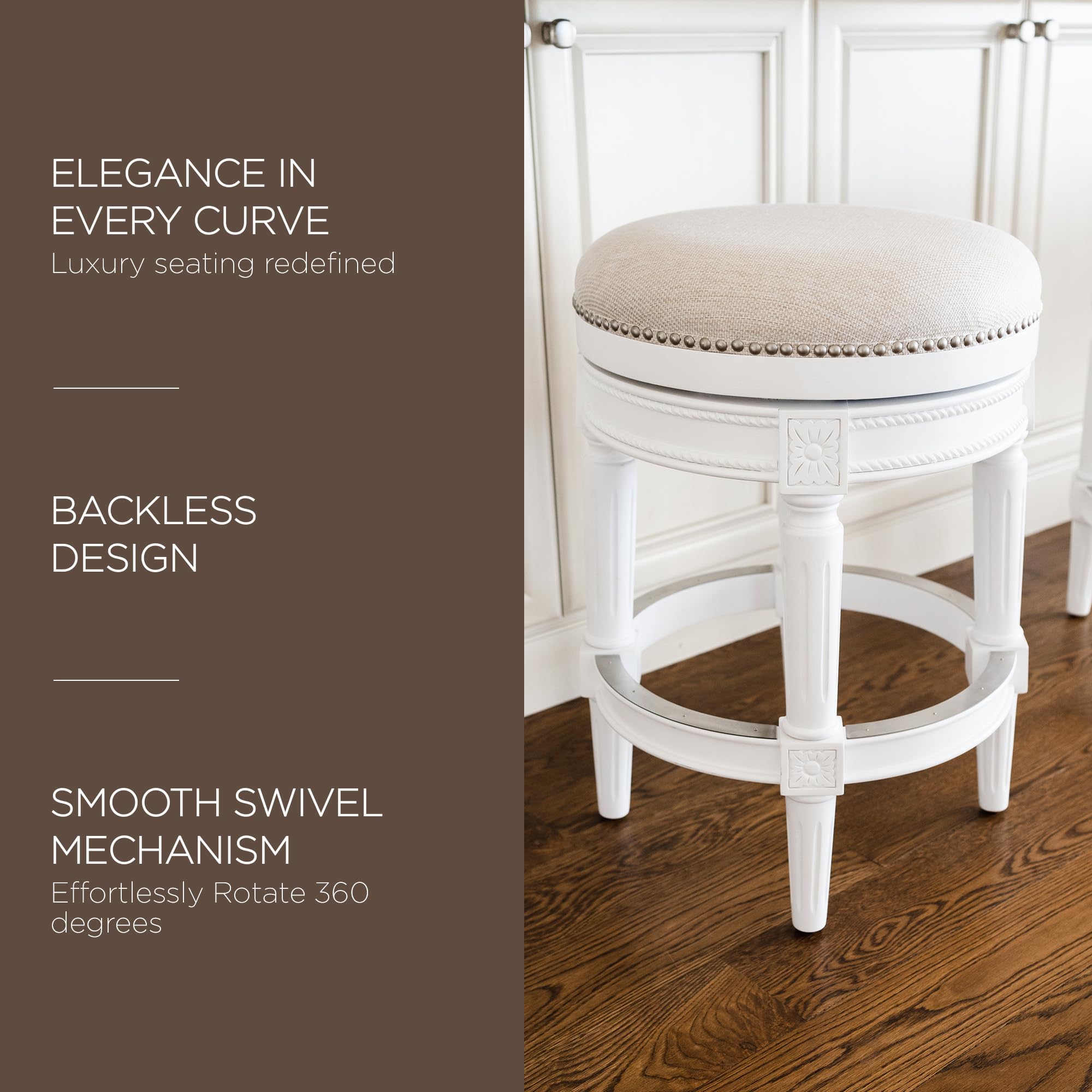 Maven Lane Pullman 26 Inch Tall Backless Alabaster White Finish Counter Height Upholstered Barstool with Cream Fabric Cushion Seat