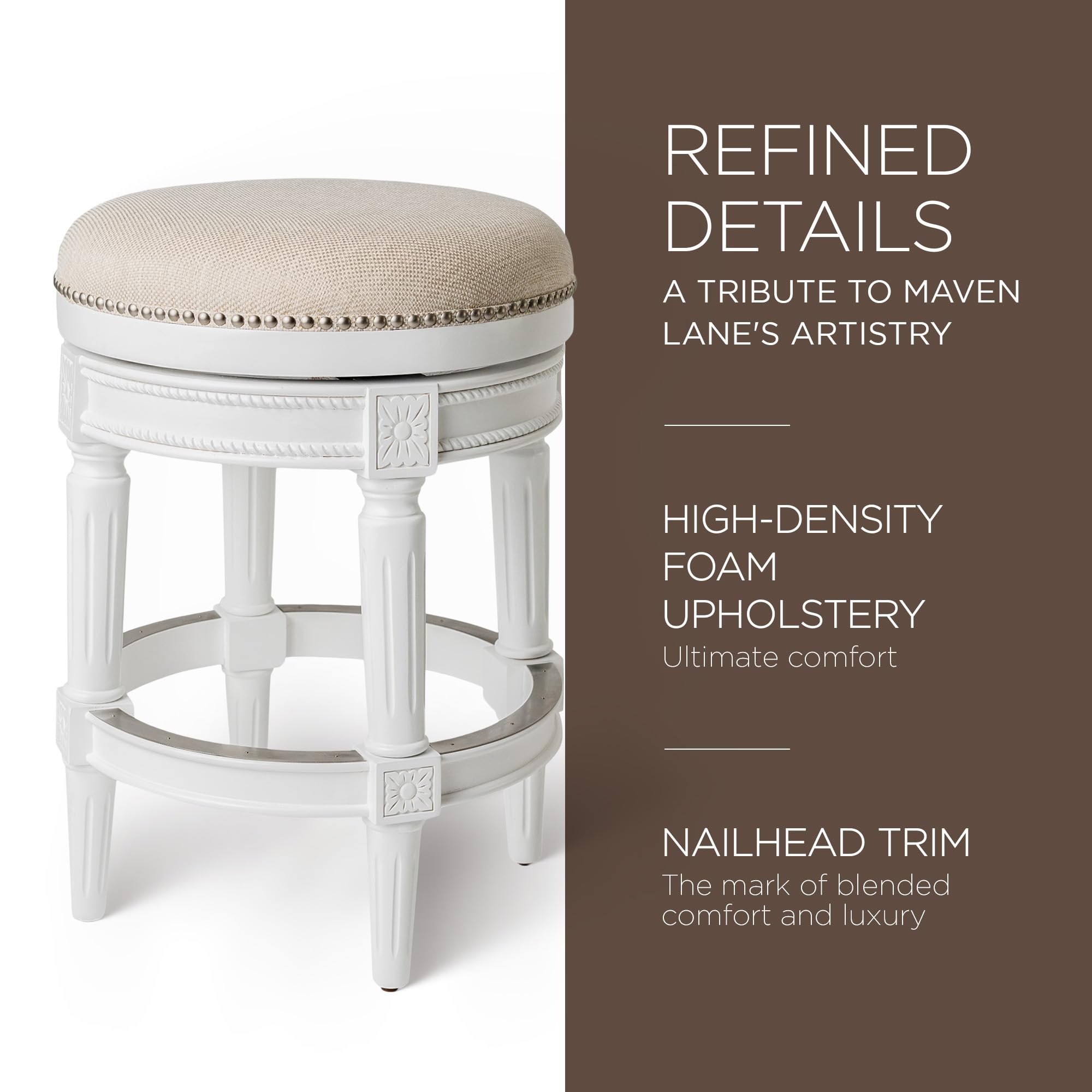 Maven Lane Pullman 26 Inch Tall Backless Alabaster White Finish Counter Height Upholstered Barstool with Cream Fabric Cushion Seat