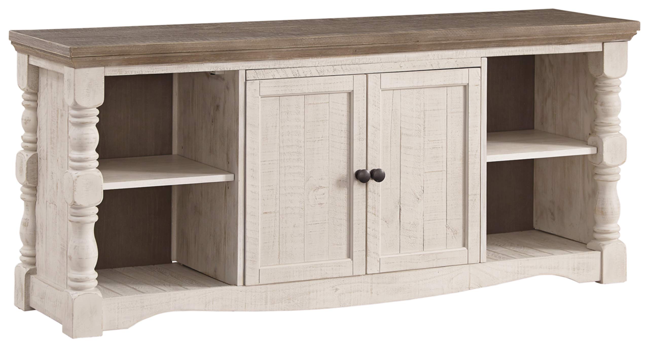 Signature Design by Ashley Havalance Farmhouse TV Stand Fits TVs up to 65", 2 Door Cabinet and Shelves For Storage, Vintage White & Weathered Gray