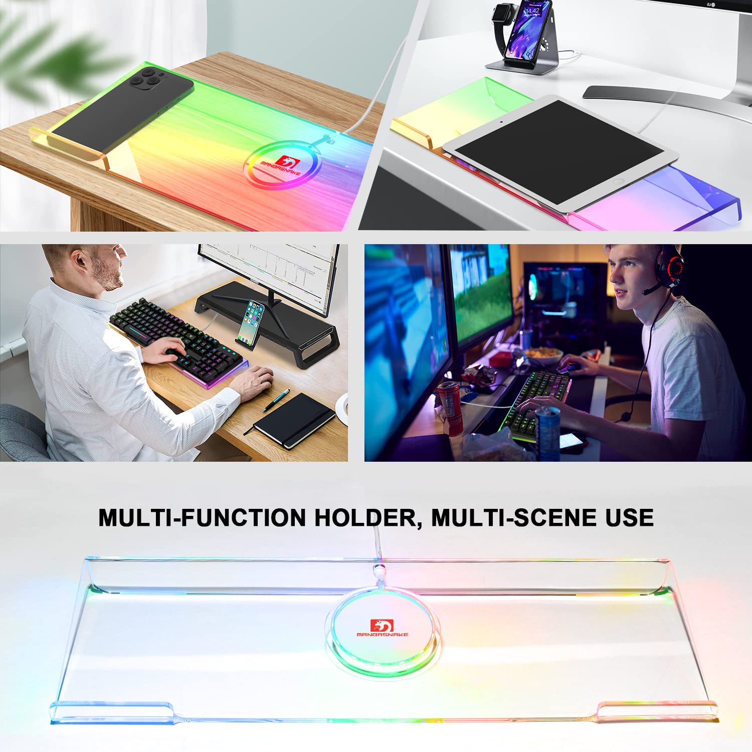SELORSS Computer Keyboard Stand for Desk, Clear Acrylic Keyboard Tray 366 RGB LED Backlit, Keyboard Riser with USB Interface,Desk Riser for Easy Ergonomic Typing and Working at Home&Office