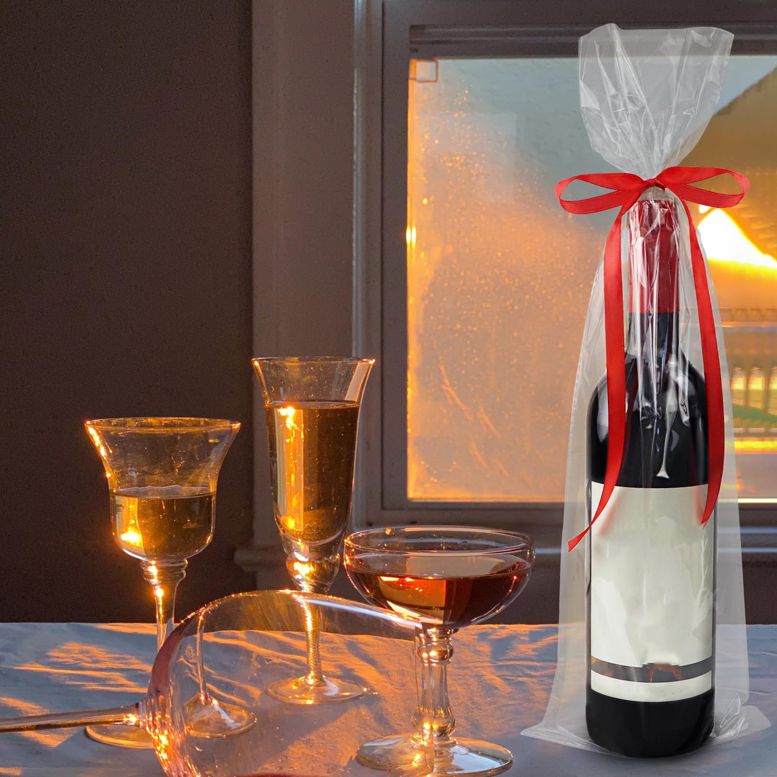 Morepack Cellophane Bags for Wine Bottles,6x18 Inches 50Pcs Clear Wine Gift Cello Bags With Twist Ties