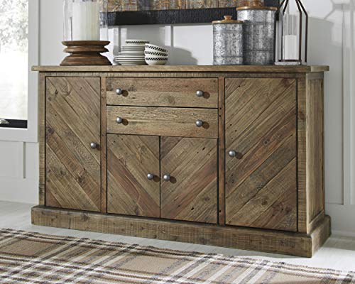 Signature Design by Ashley Grindleburg Farmhouse Reclaimed Wood Dining Room Buffet Cabinet or Server, Light Brown