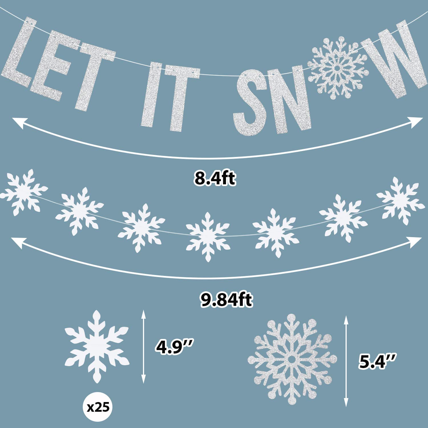 2 Pieces Let It Snow Banner, Glitter Winter Snowflake Banner and White Snowflake Hanging Garland Flag for Holiday Wall Decoration Christmas Party Supply
