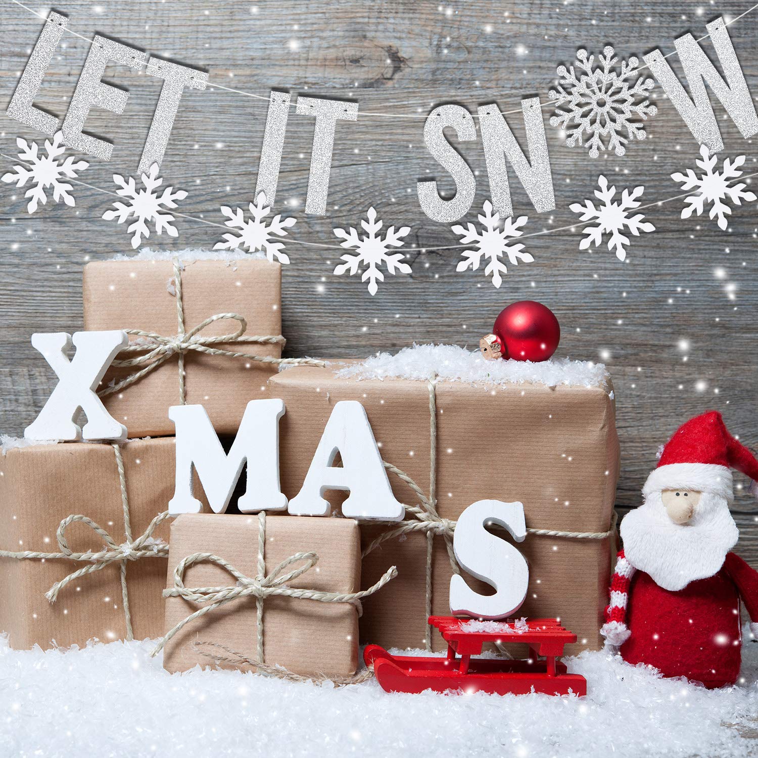 2 Pieces Let It Snow Banner, Glitter Winter Snowflake Banner and White Snowflake Hanging Garland Flag for Holiday Wall Decoration Christmas Party Supply