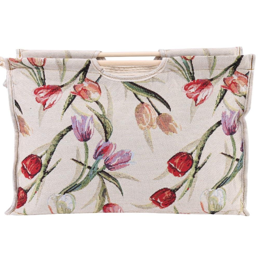 Knitting Tote Bag,Exquisite Practical Wood Handle Woven Fabric Storage Bag for Knitting Needles Sewing Tools(Red Flower)