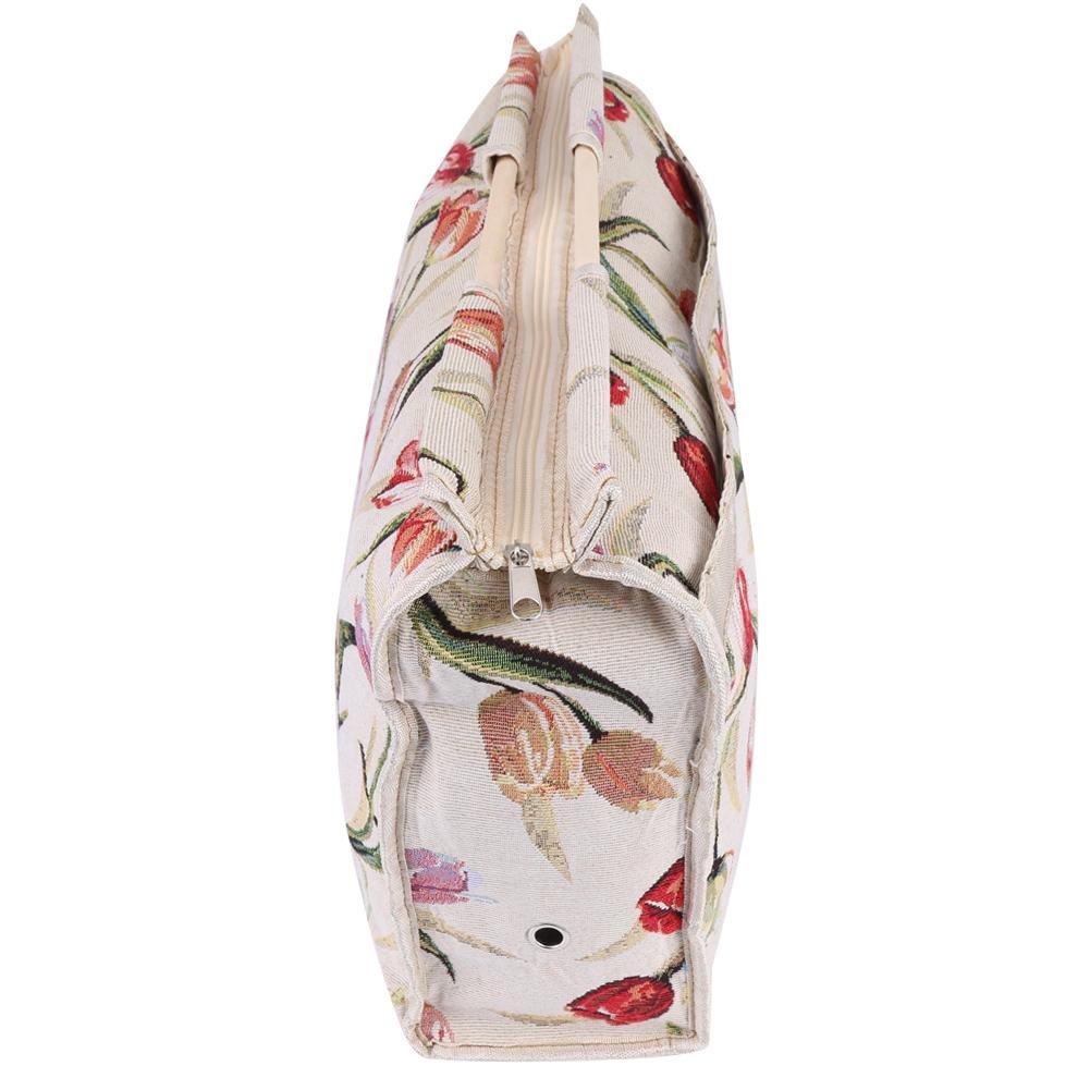 Knitting Tote Bag,Exquisite Practical Wood Handle Woven Fabric Storage Bag for Knitting Needles Sewing Tools(Red Flower)