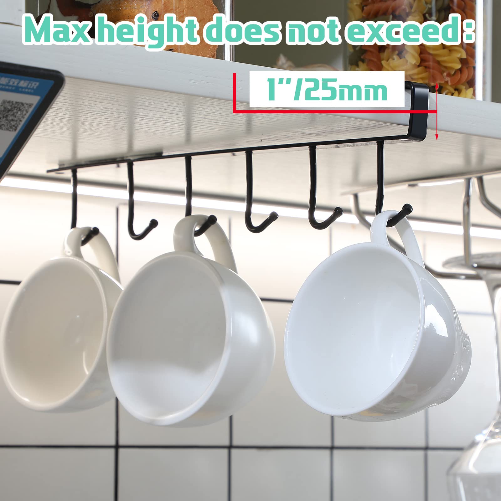 12 Pack 6 Hooks Utensil Racks Under Cabinet Black Hanging Mug Organizer Coffee Cup Under Shelf Home Storage Mug Holder and 12 Pcs Adhesive with Screws for Kitchen Utensil Under Cabinet Mug