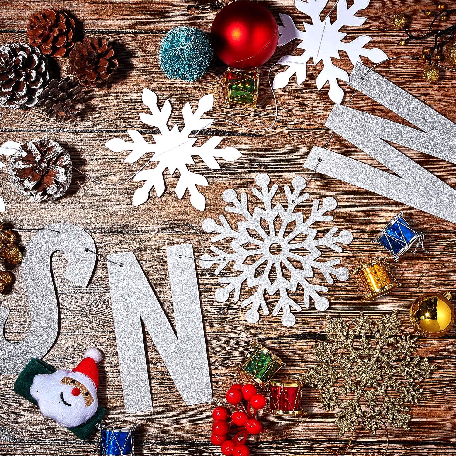 2 Pieces Let It Snow Banner, Glitter Winter Snowflake Banner and White Snowflake Hanging Garland Flag for Holiday Wall Decoration Christmas Party Supply