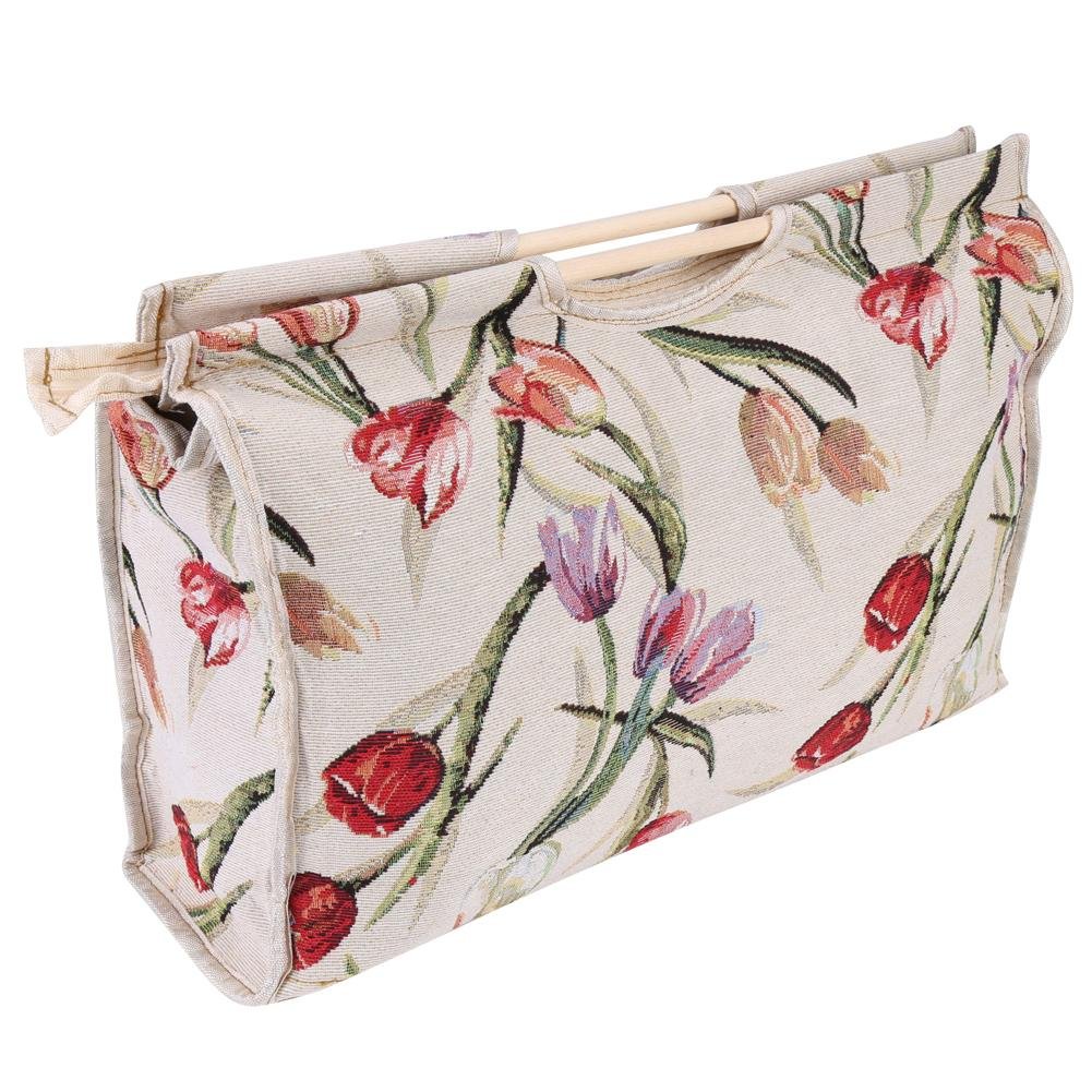 Knitting Tote Bag,Exquisite Practical Wood Handle Woven Fabric Storage Bag for Knitting Needles Sewing Tools(Red Flower)